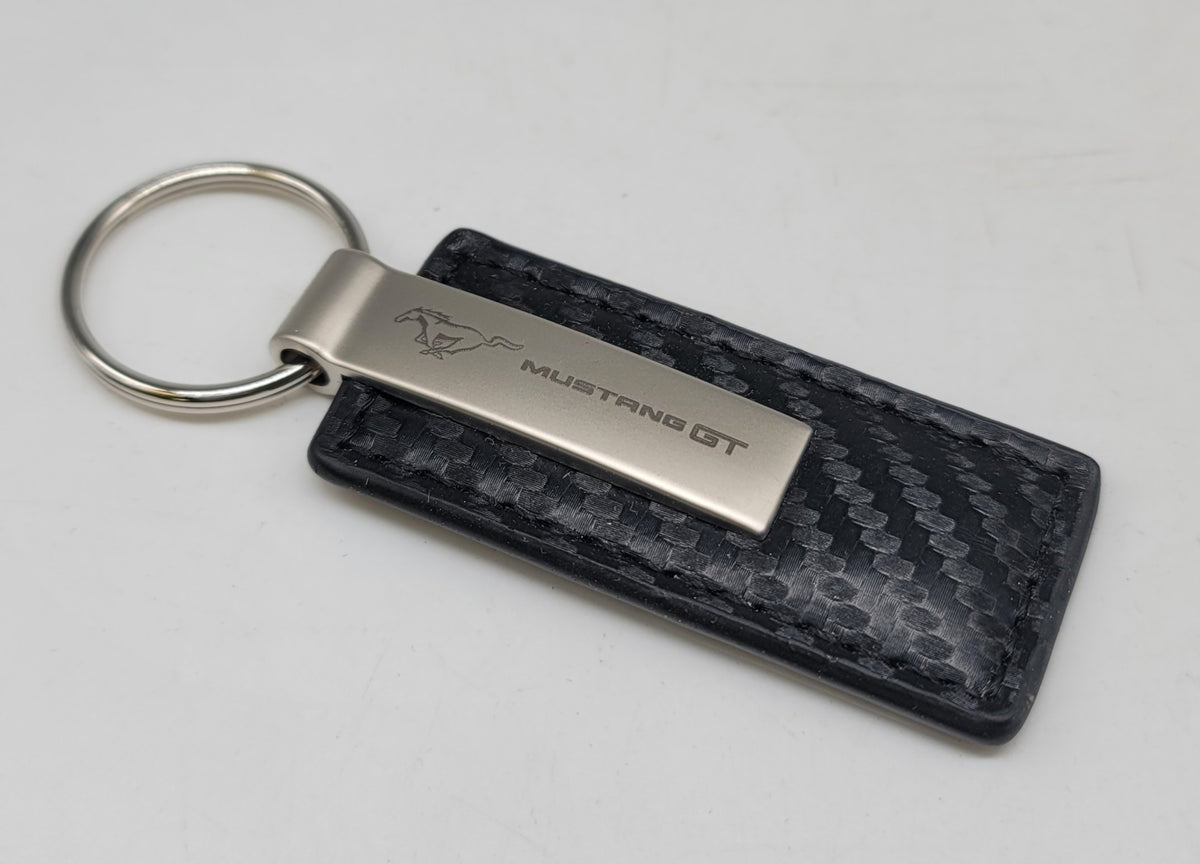 Brand New Mustang GT Engraved Rectangle Carbon Fiber Leather Fob Keyri ...